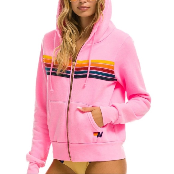 Aviator Nation | Tops | Aviator Nation 5 Stripe Zip Hoodie Neon Pink ...